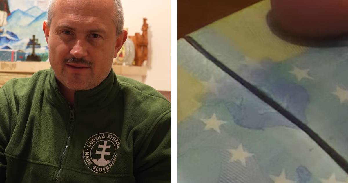 Marian Kotleba vidí na eurobankovkách samotného diabla. Jeho video baví ...